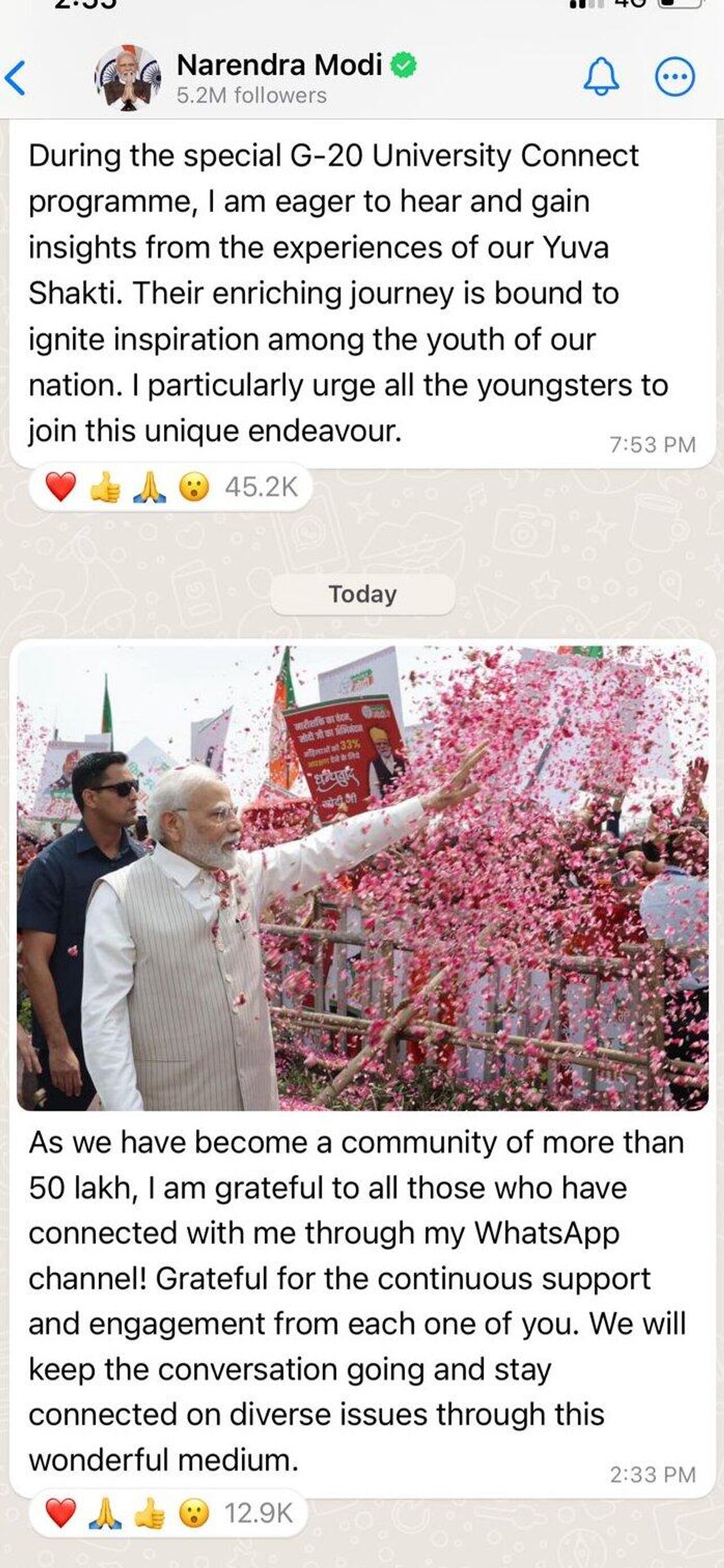 Modi’s WhatsApp Channel Reaches 5 Million Followers Within a Week
