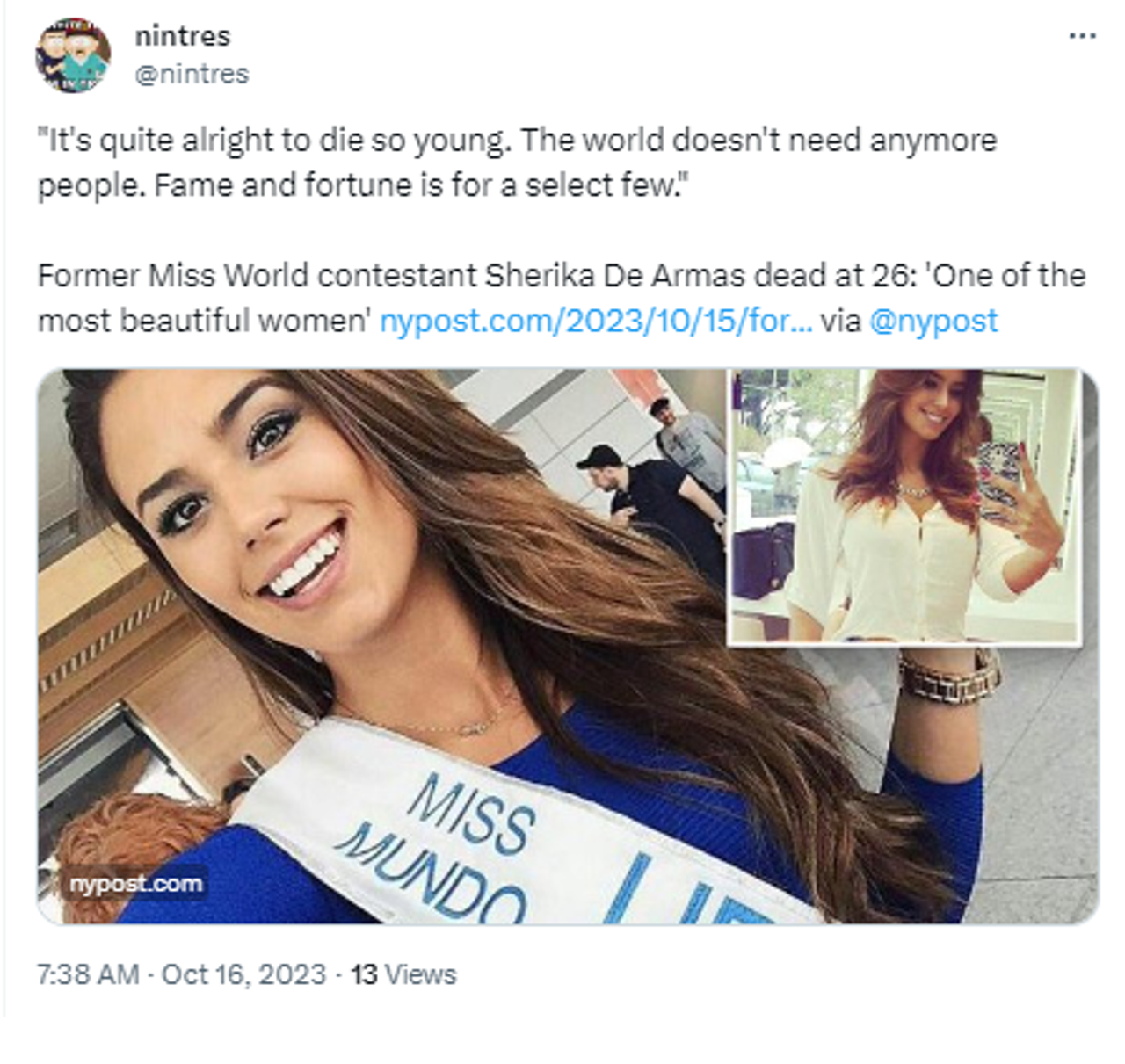 Uruguayan Ms World Contestant Sherika De Armas Passes Away at 26